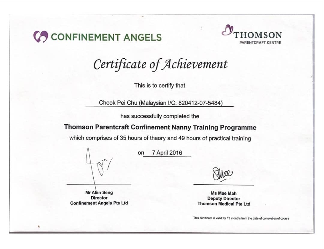 Certification B&B – B&B Confinement Home / Centre Johor Bahru
